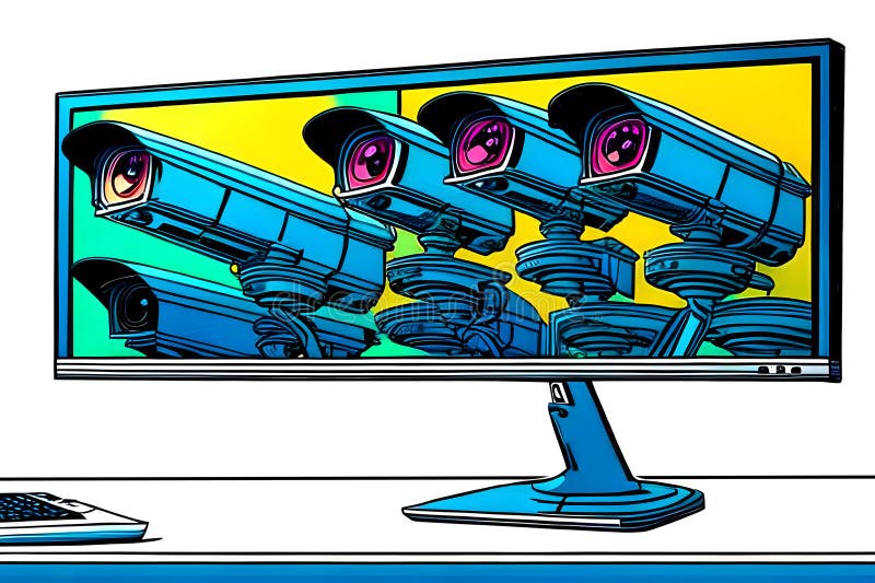 Security Cameras Stick Out of Computer Monitor Stock Illustration ...