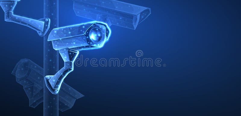 Security Cameras. Vector Low Pole Illustration. Isolated on Blue ...