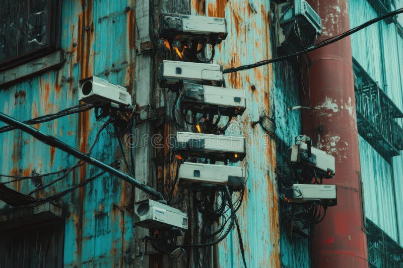 Security Cameras on a Weathered Building in an Urban Area Captures ...