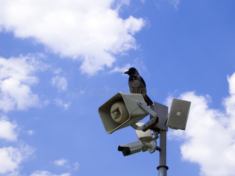 Security CCTV Camera and Loudspeaker on the Pole. Stock Photo - Image ...