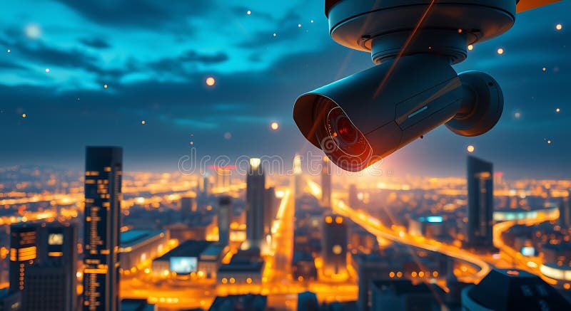 Security CCTV Camera Surveillance in Misty Cityscape Stock Illustration ...