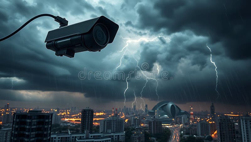 Security CCTV Camera Surveillance in Misty Cityscape Stock Illustration ...