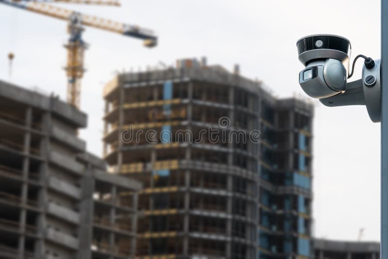 Security CCTV Camera or Surveillance System with Construction Site on Blurry Background Stock ...