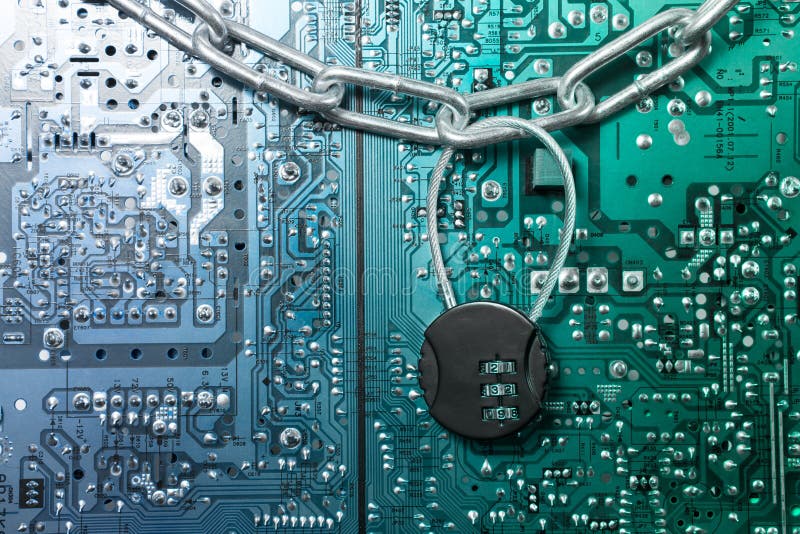 Security Cipher Padlock with Chain Computer Circuit Board. Stock Image ...