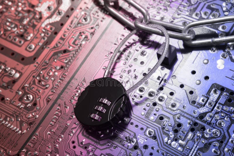 Security Cipher Padlock with Chain Computer Circuit Board. Stock Photo ...