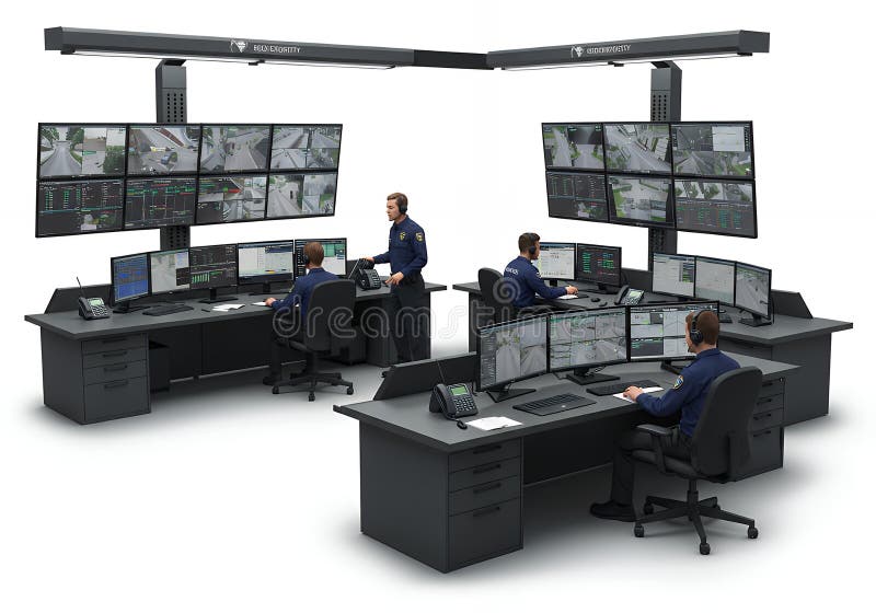 Security Command Center with Multiple Monitors and Personnel in Dark ...