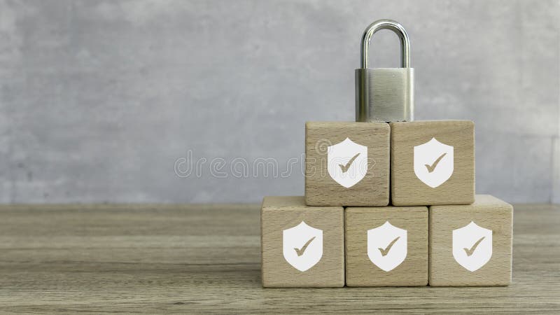 Security Concept: Wooden Blocks with Shield and Checkmark Icons Stacked ...