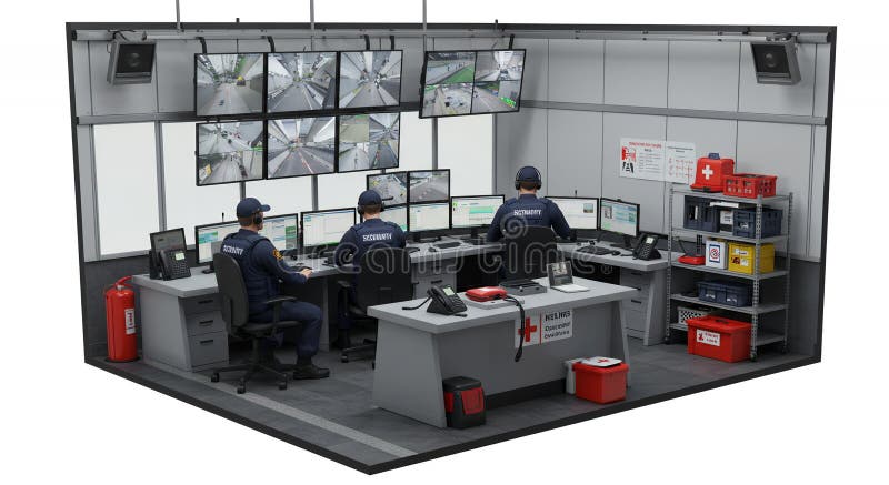 Security Control Room Interior with Multiple Monitors and Emergency ...