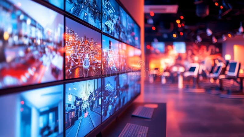 Security Control Room with Multiple Screens Displaying Surveillance ...