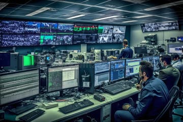 Security Control Room with Multipoke Computer Screens Showing ...