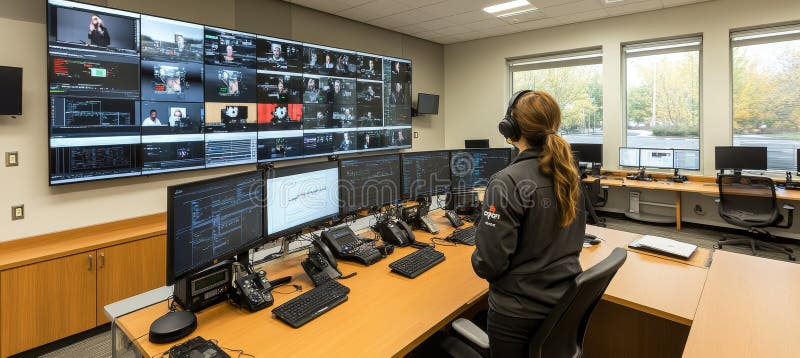 Security Control Room Operator with Headset Monitors Multiple Displays ...