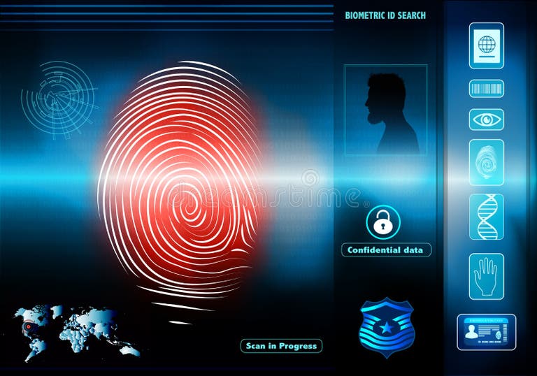 Security Data Access with Human Biometric Identification. Background with Man in Silhouette ...