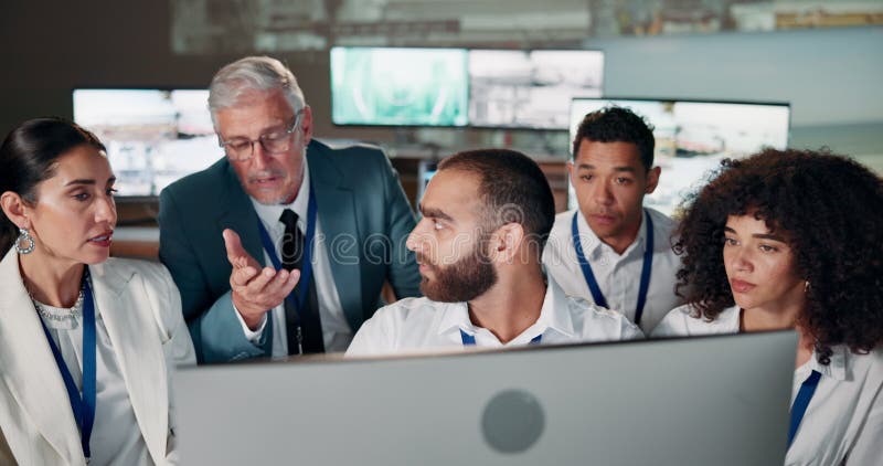 Security, Discussion and Team at Computer in Control Room for Planning ...