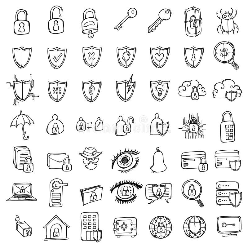 Security Doodle Vector Icon Set. Drawing Sketch Illustration Hand Drawn ...