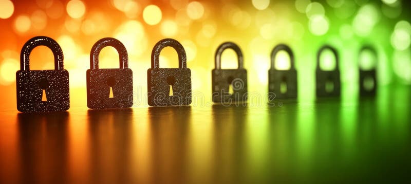 Security Gradient Padlocks on Reflective Surface with Bokeh Background ...