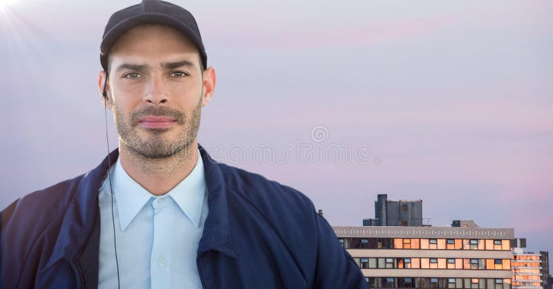 Security Guard Against Buildings and Purple Sky Stock Image - Image of ...