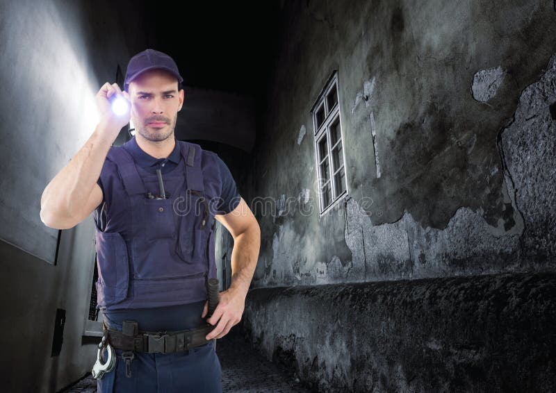 Security Guard in a Alley at Night with Torch Stock Photo - Image of ...