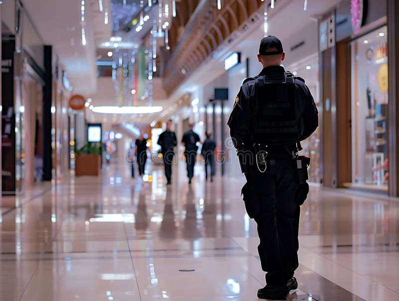 Security Guard in Black Stands Vigilant at Shopping Mall Stock ...