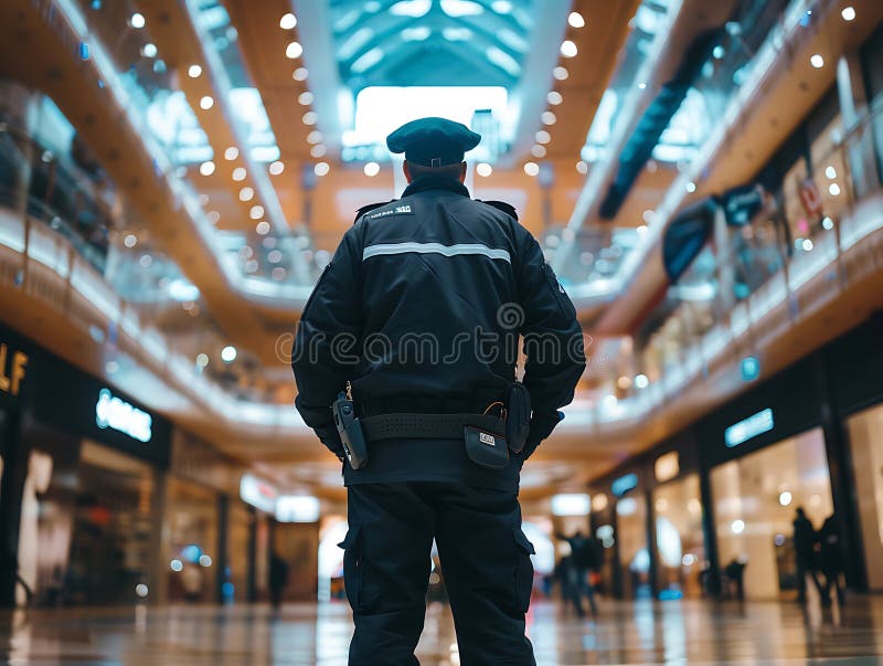 Security Guard in Black Stands Vigilant at Shopping Mall Stock ...