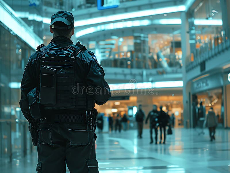 Security Guard in Black Stands Vigilant at Shopping Mall Stock ...