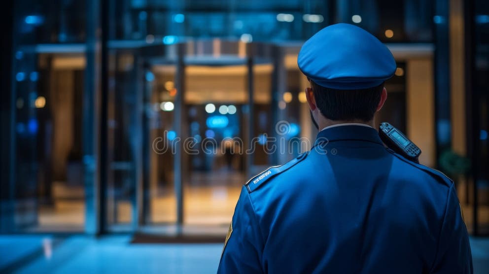 Security Guard in Blue Uniform Standing at Building Entrance Stock ...