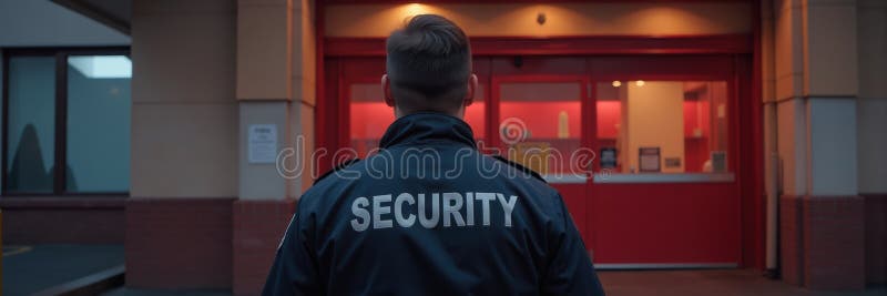 Security Guard in Dark Blue Jacket Stands in Front of Building at Night ...