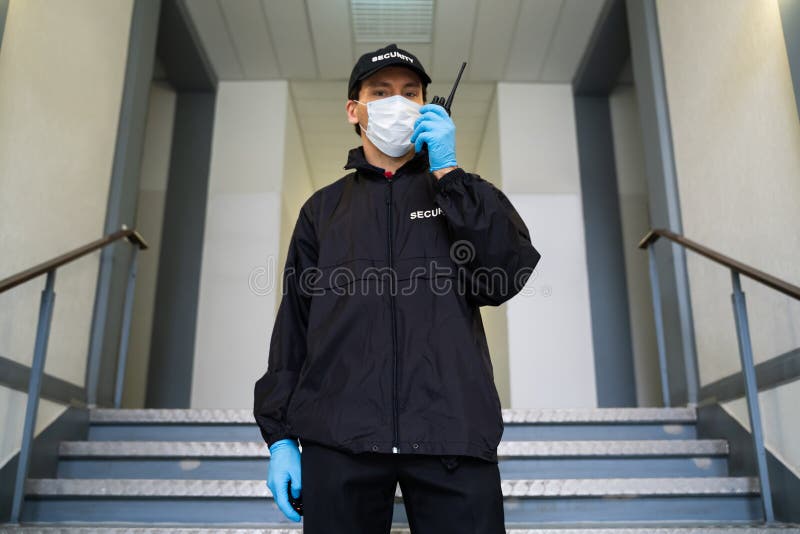 Security Guard in Face Mask Stock Image - Image of walkie, officer ...