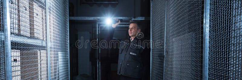 Security Guard with Flashlight at Night Stock Image - Image of officer ...