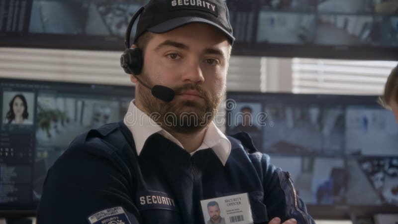 Security Guard in Headset Looks at Camera Stock Photo - Image of ...