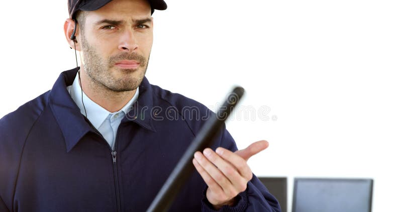 Security Guard Holding Baton on White Background Stock Video - Video of ...