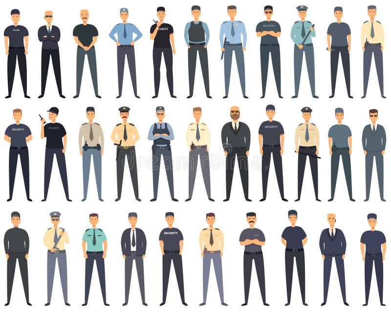 Security Guard Icons Set Cartoon Vector. Police Standing Stock Vector ...