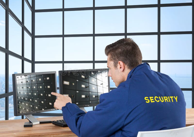 Security Guar Phoning in Front of the Security Screens. Stock Photo ...