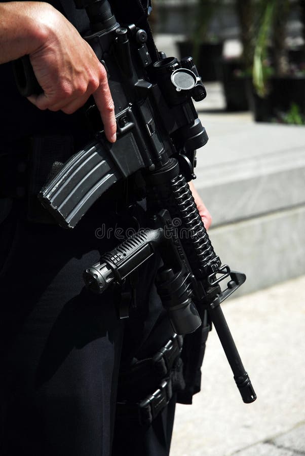 Security Guard with Machine Gun Stock Image - Image of america, firearm ...