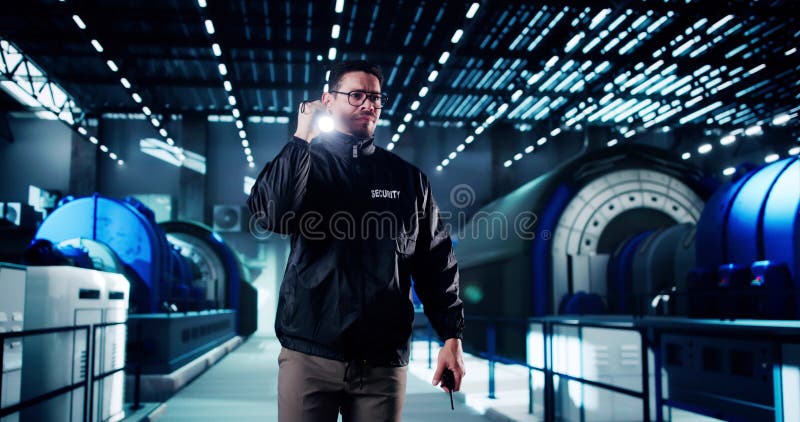 Security Guard Man with Flashlight at Power Plant Stock Photo - Image ...