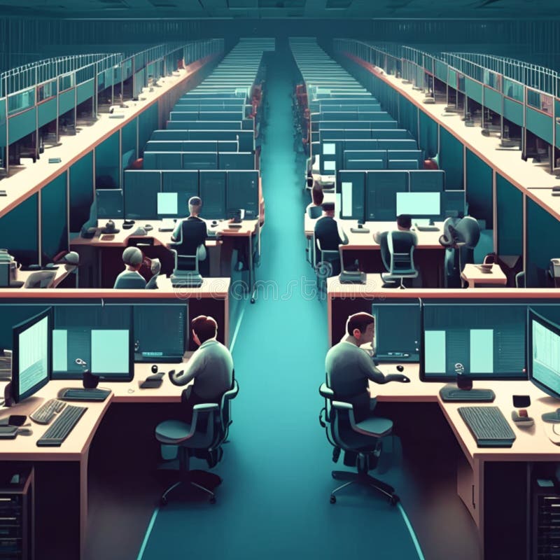 Security Guard Monitoring Computers in an Open Space Office. 3d ...