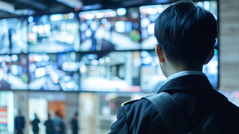 A Security Guard Monitoring a Live Feed of Different Access Points in a ...
