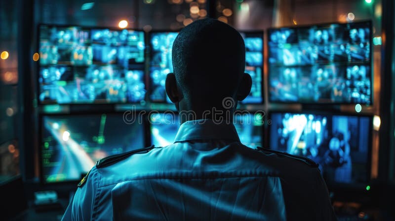 Security Guard Monitoring Multiple Cctv Footage Stock Illustration ...
