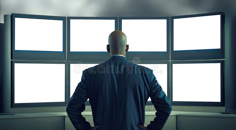 A Security Guard Monitors Multiple Screens Standing in a Control Room ...