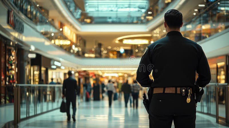 Security Guard Observing Busy Shopping Mall Interior with Shoppers ...