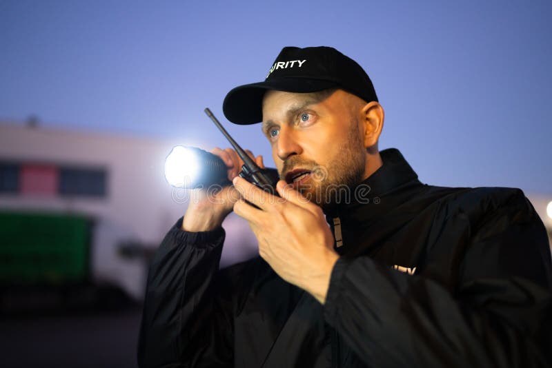 Security Guard Officer Using Walkie-Talkie Radio Stock Image - Image of ...