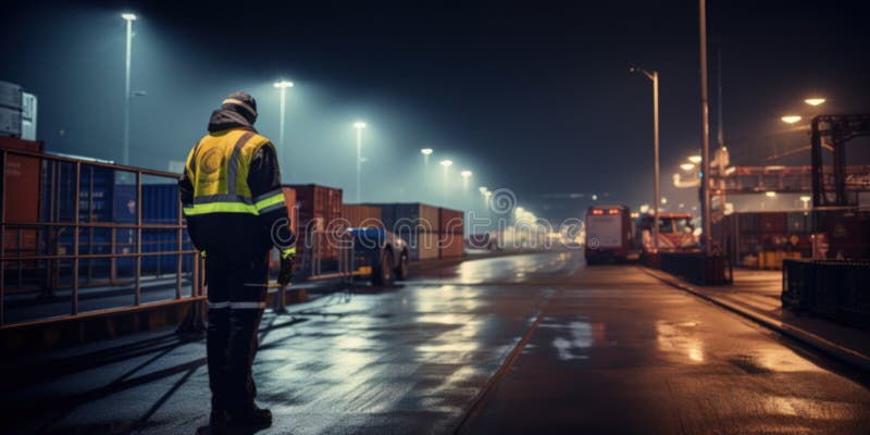 A Security Guard Patrolling a Cargo Terminal at Night Stock ...