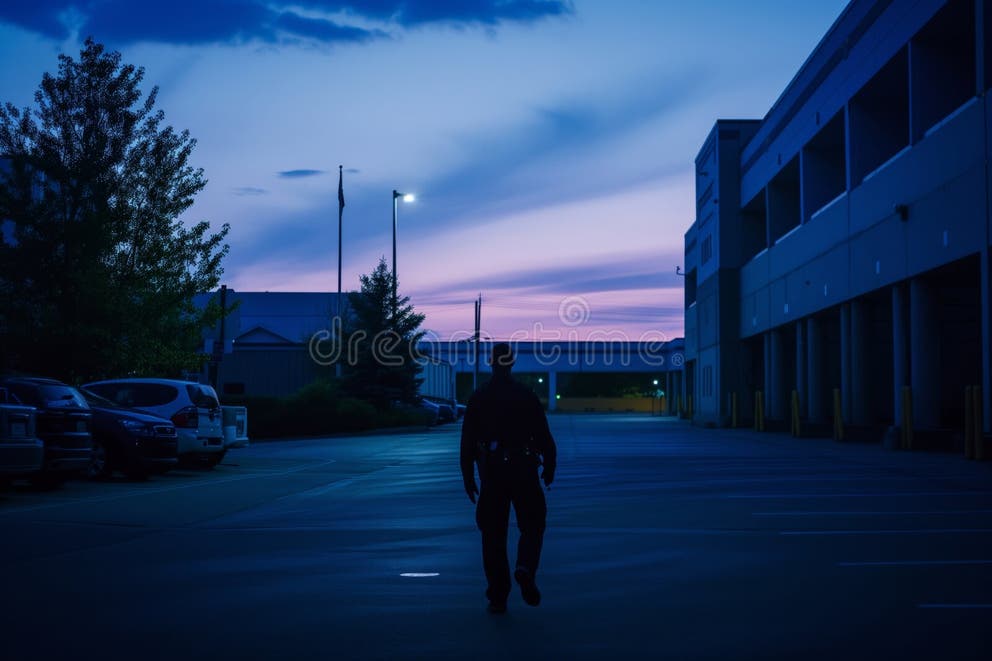 Security Guard Patrolling the Complex at Dusk Stock Illustration ...