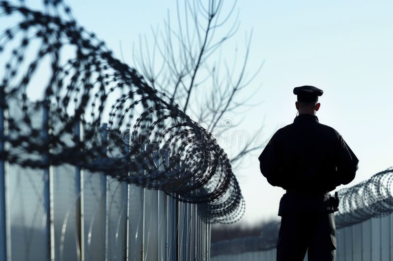Security Guard Patrolling Fence with Barbed Wire Coils Stock Photo ...