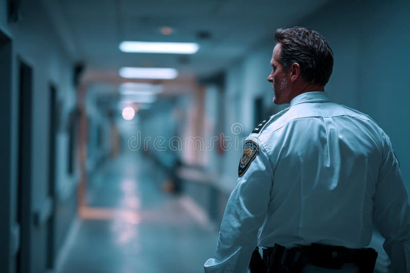 Security Guard Patrolling a Hospital Corridor with a Serious Demeanor ...