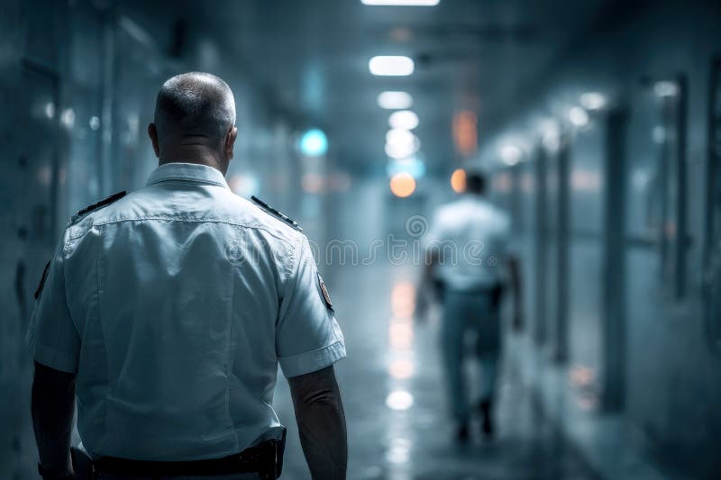 Security Guard Patrolling a Hospital Corridor with a Serious Demeanor ...