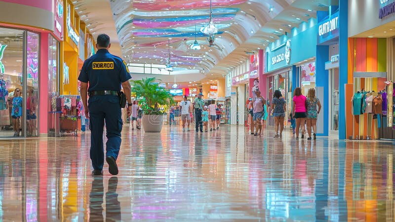 Security Guard Patrolling Vibrant Shopping Mall Interior with Diverse ...