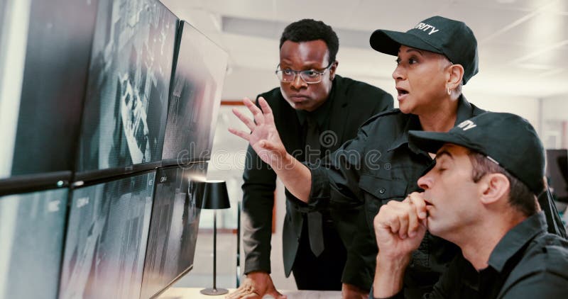 Security Guard, People and Conversation with Surveillance, Computer and ...