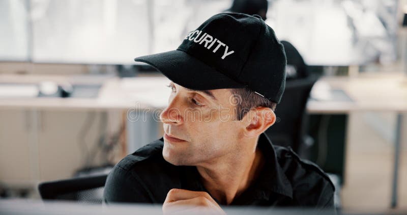 Security Guard, Serious and Man with Computer, Surveillance or Thinking ...