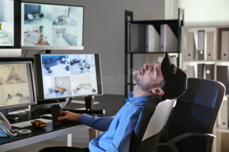 Security Guard Sleeping in Surveillance Room Stock Photo - Image of ...