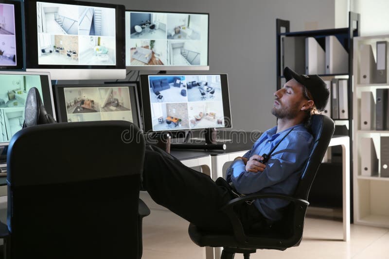 Security Guard Sleeping in Surveillance Room Stock Photo - Image of ...